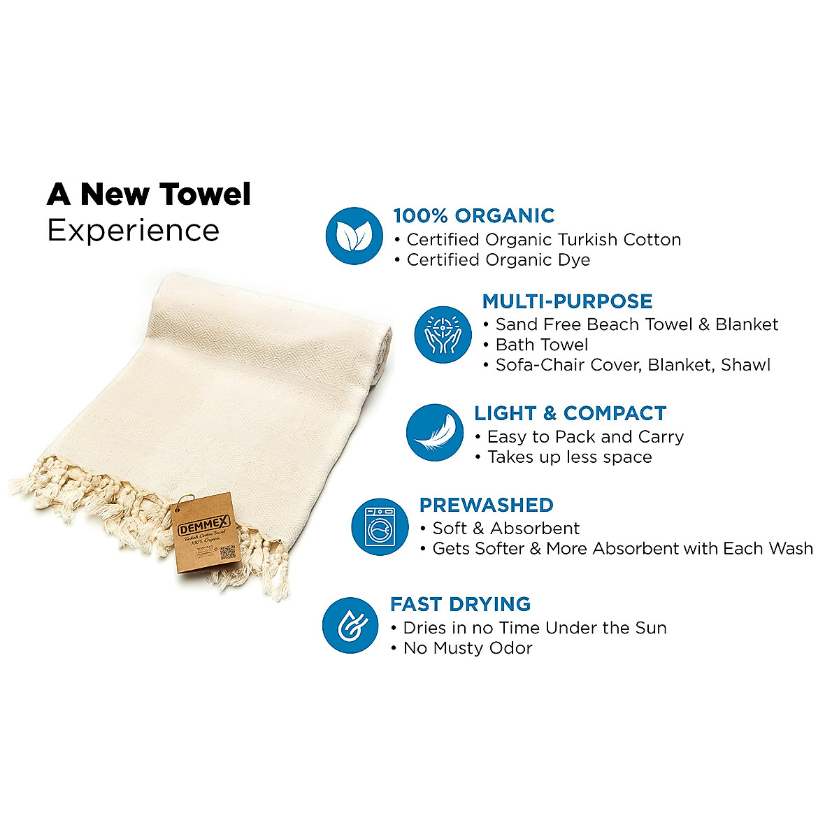 DEMMEX Oversized Turkish Bath Towel - 100% Organic Cotton, Ultra Soft, Quick-Drying, Lightweight Peshtemal, Prewashed, Diamond Weave, Oeko-TEX Certified, 71x36, Luxury Bathroom and Spa Towel, White