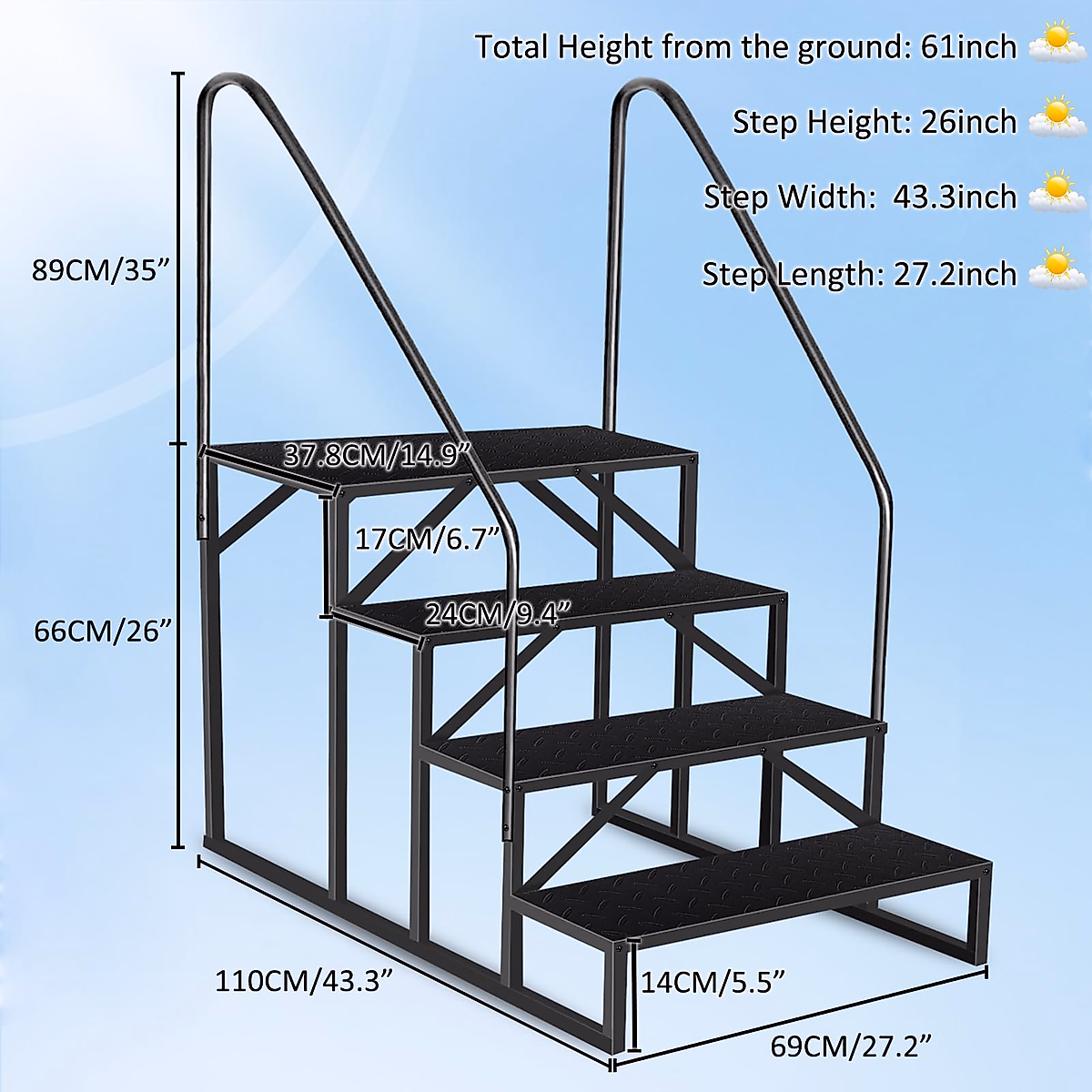 Swimming Pool Ladder above Ground, RV Steps with Handrail, Heavy Duty Pool Step Hot Tub Steps, 660 lbs Weight Capacity Camper Step Stool Mobile Home Stair for Getting High (4 STEP, 2 HANDRAIL)