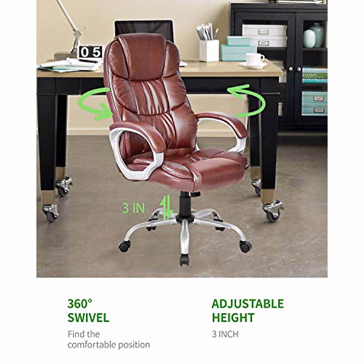 Office Chair Computer High Back Adjustable Ergonomic Desk Chair Executive PU Leather Swivel Task Chair with Armrests Lumbar Support (Brown)