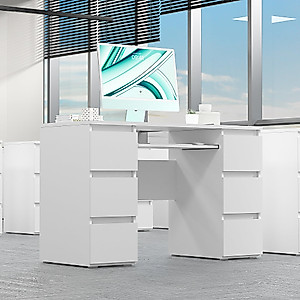 Furnicare White Computer Desk with 6 Drawers, Home Office Writing Desk with Storage Shelf, Modern Work Study Writing Table Desk, PC Laptop Table Vanity Makeup Desk for Bedroom, 47 Inch, White