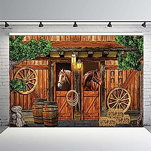 MEHOFOND 10x7ft One Wild West Stable Backdrop Texas Western Cowboy Horse in Barn Baby Shower Wheels Mews Photography Background Travel Party Events Photo Studio Props