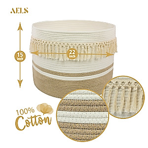 AELS XXXLarge 22"22"x15" Rope Boho Decor Basket Woven Bathroom Basket for Blankets Storage Basket Bathroom with Handle Comforter Cushions Storage Bins Thread Laundry Hamper-Brown and White