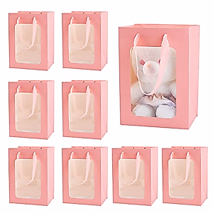 PH PandaHall 10pcs Pink Gift Bags Paper Kraft Paper Bags with Handles 10x7x5” Gift Bags with Transparent Window Kraft Shopping Bags for Party Gift Present Bouquet Wrapping Valentine