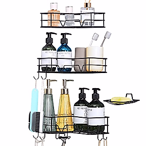 Wowelife Corner Shower Caddy with Soap Holder and Shaver Hook for Bathroom, No Drilling Traceless Adhesive Shower Wall Basket Shelves, Rustproof Shower accessories (Stainless Steel 3×Shower Shelves)