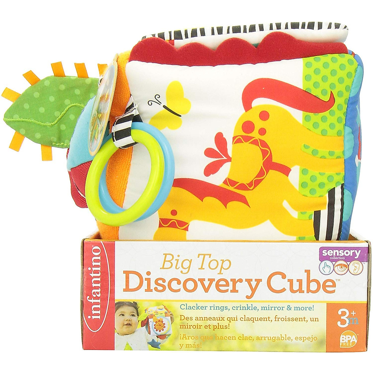 Infantino Peek & Seek Discovery Cube - Soft Development Toy, Peek-A-Boo Mirror, Clacker Rings, Crinkle & Rattle Sounds - Sensory Play, Ages 3 Months +