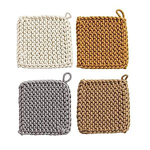 Creative Co-Op Square Cotton Crocheted Potholder, 4 Colors Entertaining Textiles, Multi