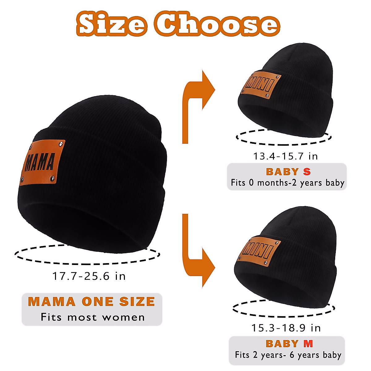 2PCS Parent-Child Beanie Hat Mama and Mini Leather Patch Knitted Hat Winter Warm Cuffed Ski Cap Black