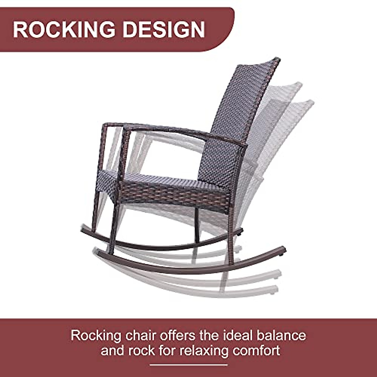 3 Piece Wicker Patio Furniture Sets, Outdoor Wicker Rocking Chairs Patio Bistro Set, Rattan Chairs Patio Furniture Set for Porch Lawn Poolside Backyard with Glass Coffee Table, Brown and Grey