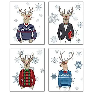 Christmas Hipster Reindeer Prints - Set Of 4 (8 Inches X 10 Inches) Christmas Holiday Photographs