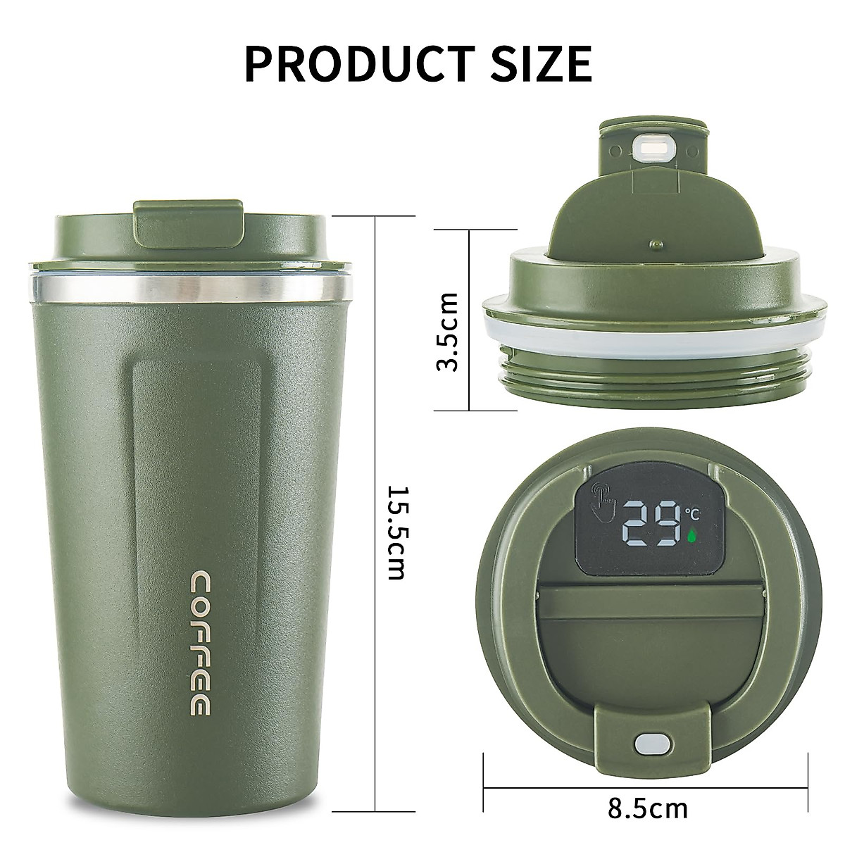 Newvenper Stainless Steel Vacuum Insulated Travel Coffee Mug, Led Temperature Display Insulated Tumbler, Leak Proof With Lid Keeps Cold And Warm, Suitable For Coffee, Tea And Beer(Green)