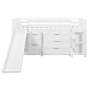 MERITLINE Twin Loft Bed with Slide, Kids Loft Bed with Storage Shelves and Drawers, Wood Low Loft Bed with Cabinet, Twin Size Loft Bed Frame for Living Room, Bedroom (White, New)