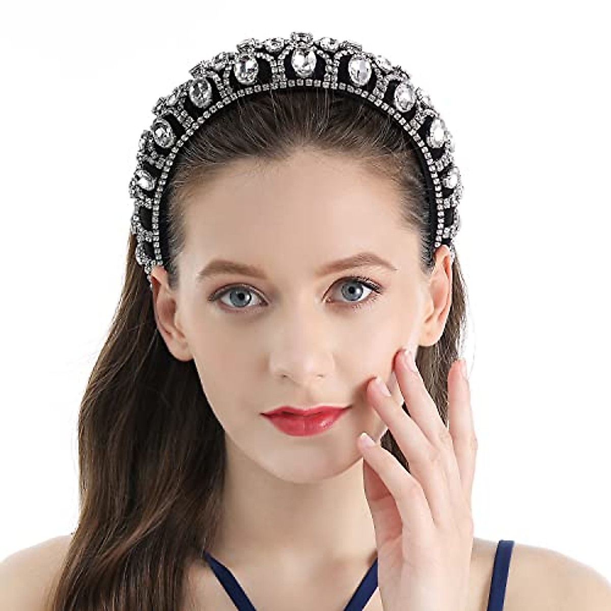 QIANXUAN Crystal Rhinestone Headbands For Women White Pearl Headbands For Girls Padded Headband Black Velvet Jewelry Chain Hairband Handmade Pearly Flower Retro Filling Diamond Hair Accessories