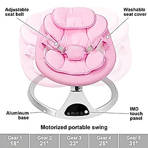 HARPPA Electric Baby Swing for Infants to Toddler, Portable Babies Swinger for Newborn Boy and Girls with 5 Swing Speed, Remote Control Music Speaker with 12 Preset Lullabies Enabled Bluetooth Pink