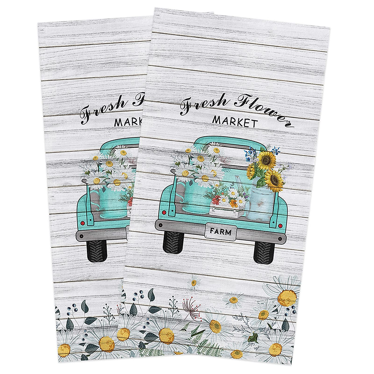 Zadaling Blue Truck Sunflower Daisy Vintage Wood Grain Kitchen Towels, 18x28 Inches Soft Dish Cloth,Cotton Tea Towels/Bar Towels/Hand Towels for Bathroom(2 Pack)