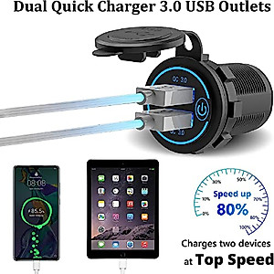 [2 Pack] 12V USB Outlet, Quick Charge 3.0 Dual USB Power Outlet with Touch Switch, Waterproof 12V/24V Fast Charge USB Charger Socket DIY Kit for Car Boat Marine Bus Truck Golf Cart RV Motorcycle, etc.