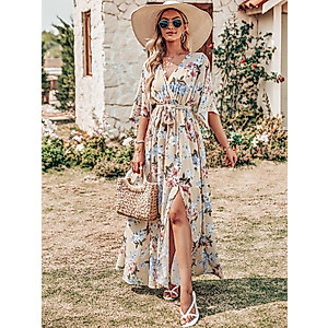 ANRABESS Women’s Summer Loose Boho Flowy Wrap V Neck 3/4 Sleeve Floral Print Slit Beach Wedding Guest Long Maxi Dresses Yellow Flor Medium