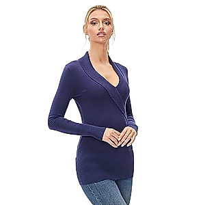 AmélieBoutik Women Shawl Collar V Neck Faux Wrap Long Sleeve Tunic Sweater (Blue Large)