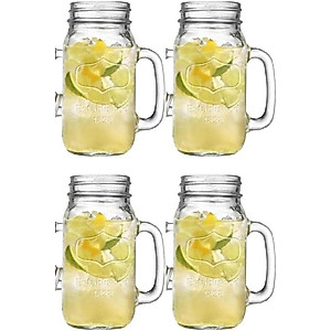Mason Glass Drinking Mugs w Handle & Tin Lids (set of 4) Gift Idea With Embossed Established Date Logo,For Coffee,Juice, Punch, Dessert, Small Cakes, or Any Beverage 16oz. Comes Perfectly Boxed