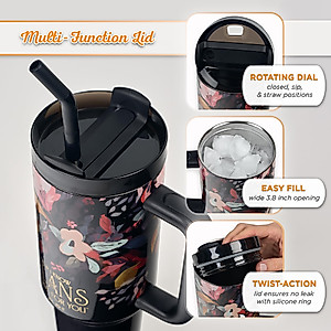 Christian Art Gifts Extra Large Stainless Steel Double Wall Vacuum Insulated Travel Tumbler for Women: Hope & Future Inspirational Scripture, Lid, Straw, Sturdy Handle, Black Multicolor Floral, 40 oz.