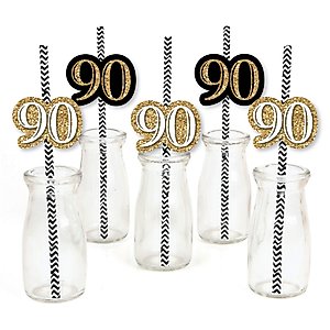 Adult 90th Birthday - Gold - Paper Straw Decor - Birthday Party Striped Decorative Straws - Set of 24