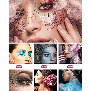 Creamify Face Body Glitter Gel - 3 Colors Pink and Silver Chunky Glitter Gel & Blue Fine Glitter Gel with Gems Sticker, Rave Accessories Hair Glitter Body Shimmer, Less Gel & Quick Dry, 65g