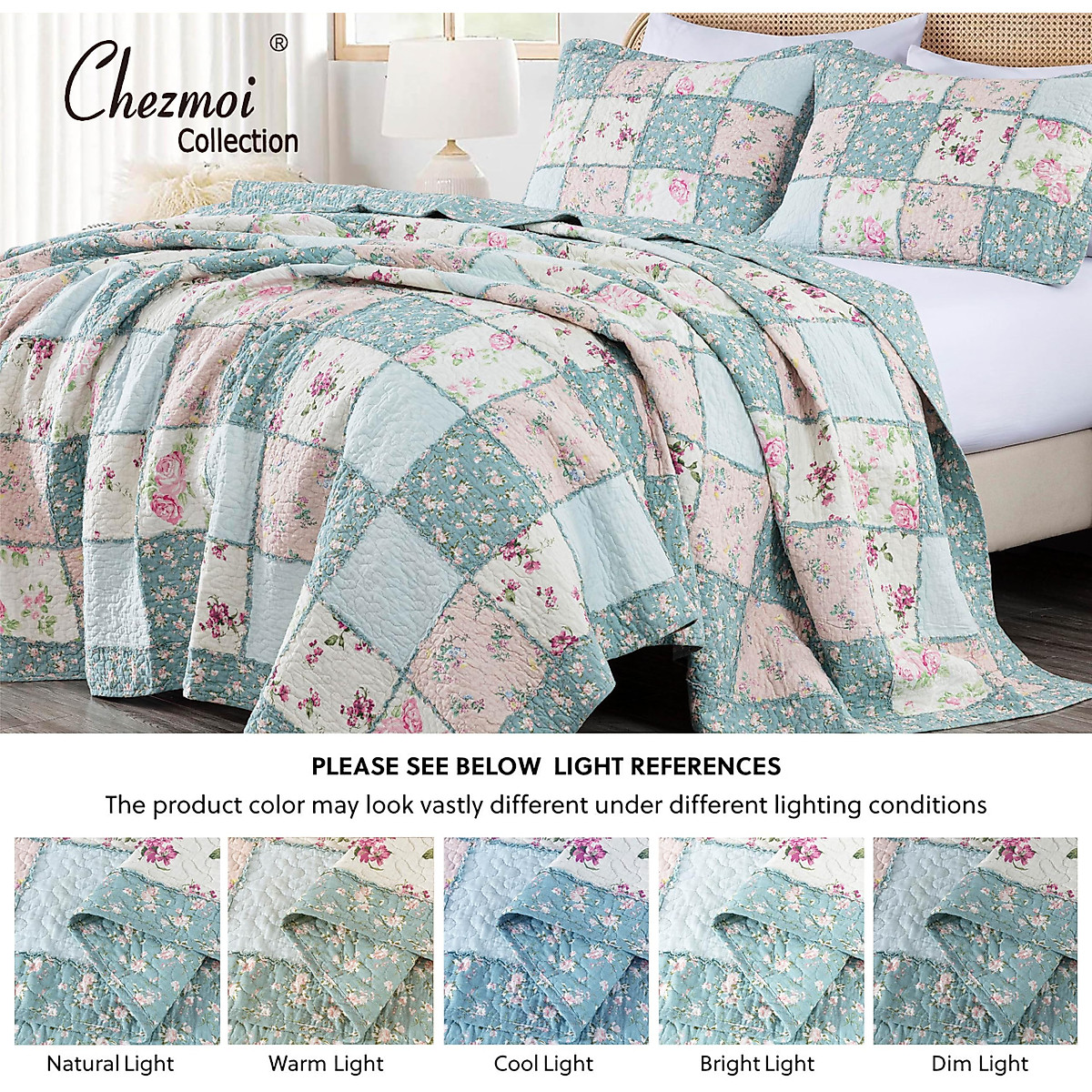 Chezmoi Collection Abbi 3-Piece Shabby Chic Bedding Queen Quilt Set Pre-Washed Cotton Floral Coverlet Bedspread Ruffled Patchwork Quilt Queen Size