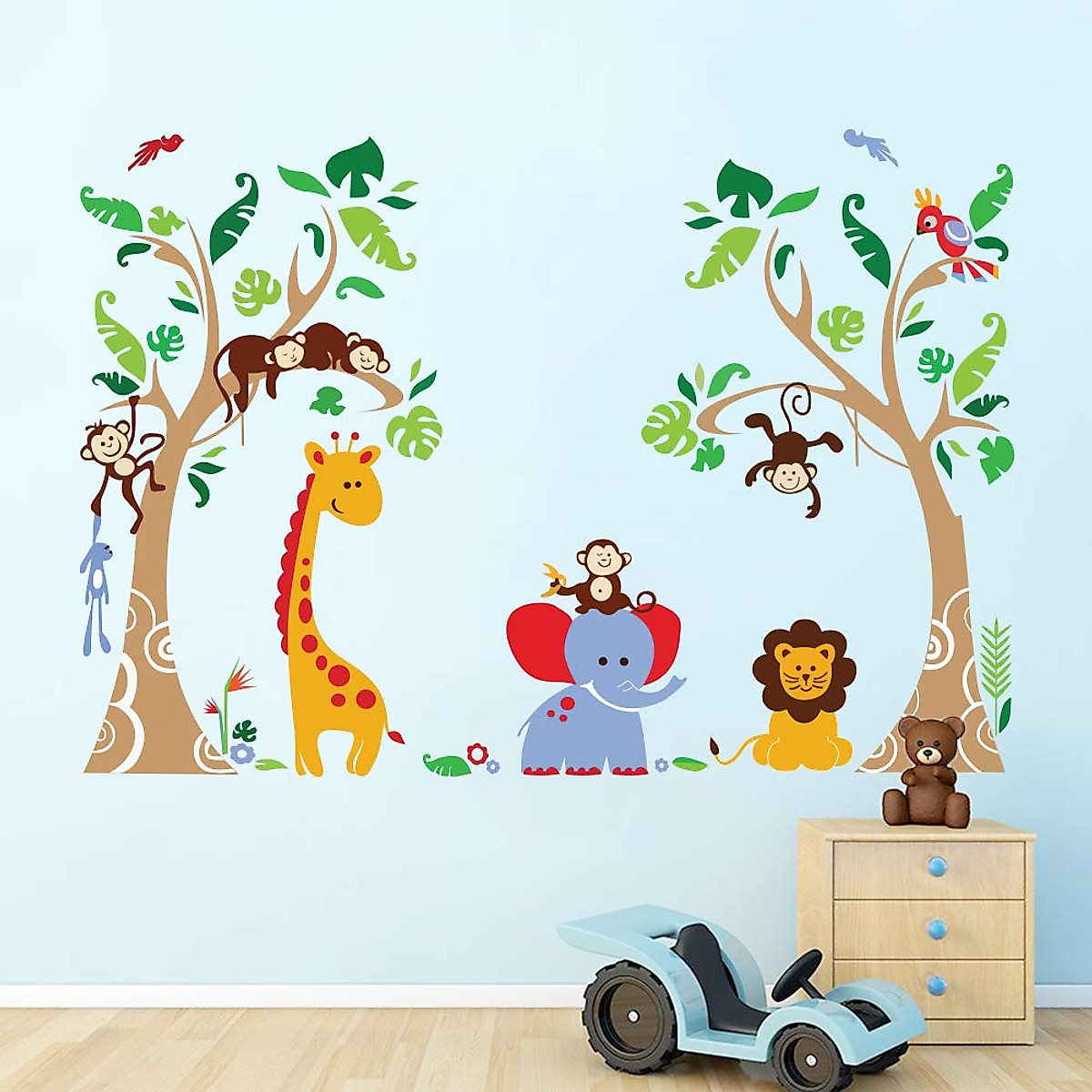 Runtoo Jungle Animals Tree Wall Decals for Nursery Baby Kids Bedroom Monkey Giraffe Elephant Wall Stickers Adventure Wall Décor