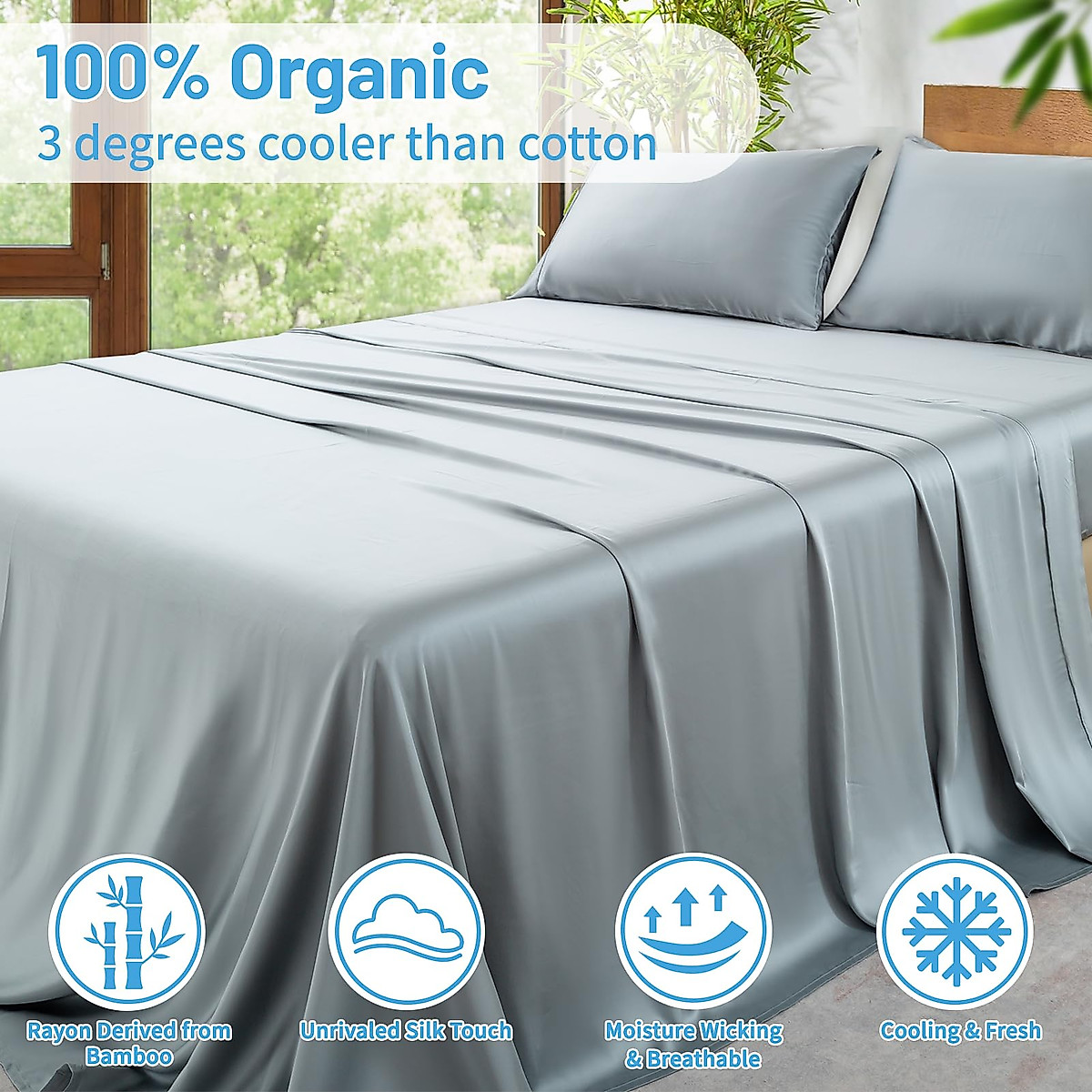 MEISHANG Bamboo Viscose Sheets King Size - 100% Organic Viscose,400TC Cooling Luxury Sheet Set with 16" Deep Pockets - 4 Pieces(Light Grey)