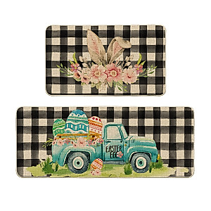 Artoid Mode Truck Eggs Bunny Rabbit Ears Easter Kitchen Mats Set of 2, Spring Home Decor Low-Profile Kitchen Rugs for Floor - 17x29 and 17x47 Inch