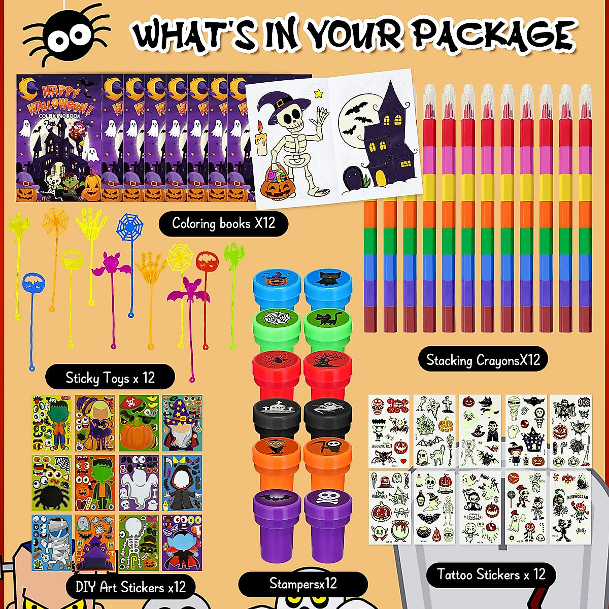 Cinrobiye 72 Pcs Halloween Party Favors，Halloween Coloring Books Tattoo DIY Sticker Stampers Bulk Trick or Treat Goodie Bags Fillers Stuffer Classroom Reward Activity Supplies
