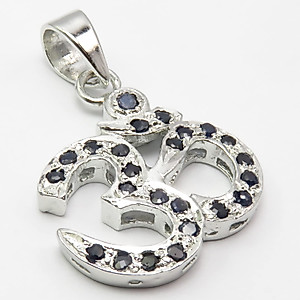 SilverStarJewel 925 Solid Silver Round Sapphire tcw 0.8 Om Ohm Religious Pendant 1.1" Gift Jewelry