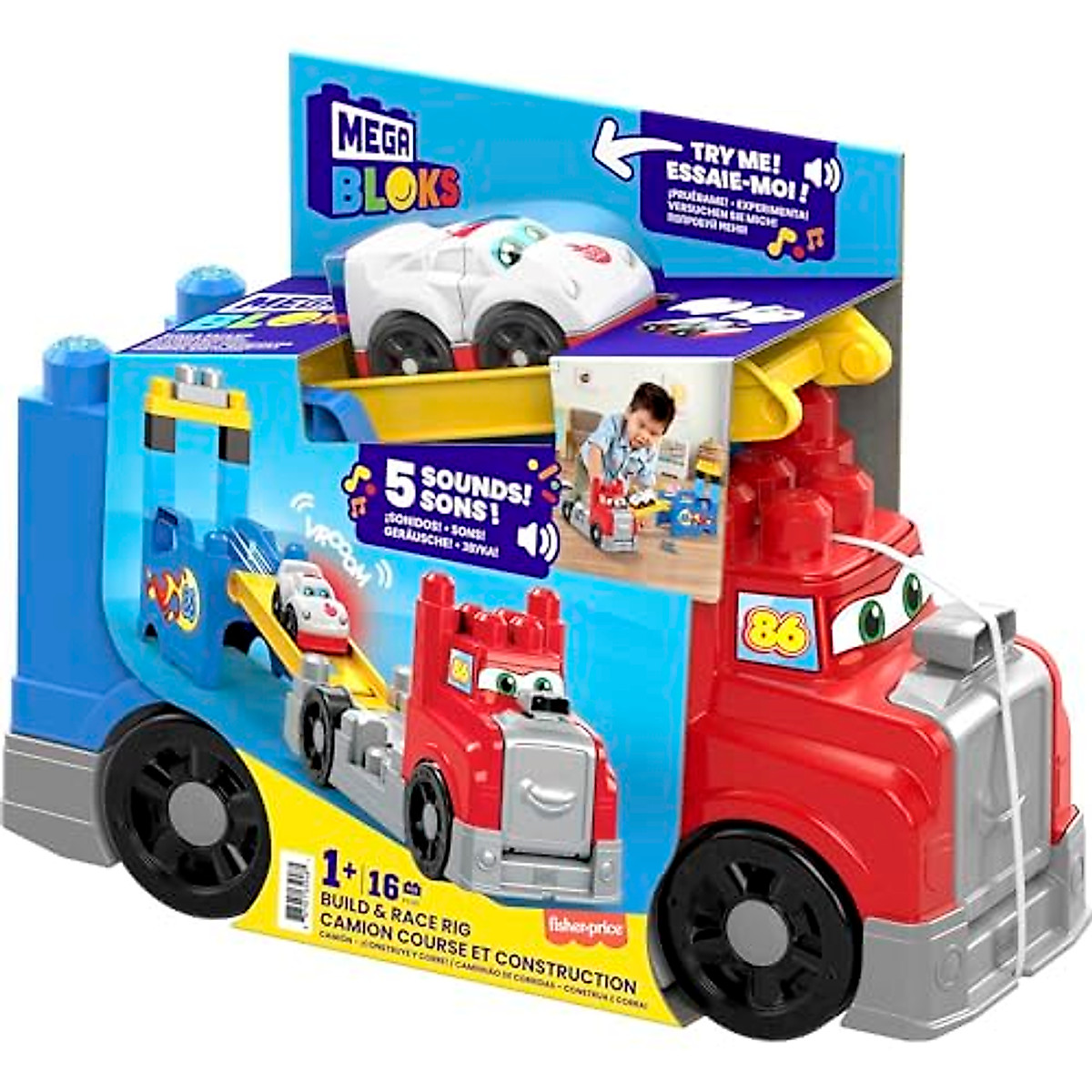 MEGA BLOKS First Builders Toddler Blocks Toy Set, Build & Race Rig with 16 Pieces, Sounds and Storage, Red, Ages 1+ Years