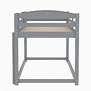 Low Bunk Beds Twin Over Twin Wood Floor Bunk Bed Frame with Slat and Ladder for Kids Boys Girls Toddlers, Gray