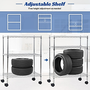 WYGMAV 3 Tier Shelf Metal Wire Shelving Unit Adjustable Storage Shelves Small Storage Rack Heavy Duty Steel Standing Shelf Units for Restaurant, Garage, Kitchen Metal Shelf with Wheels, Chrome