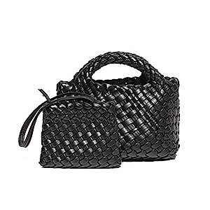 Handmade Woven Bags for Women with Coin Purse Fashion Handbag Female Shoulder Bags Foldable Chain Small Tote Crossbody Bags (Black)