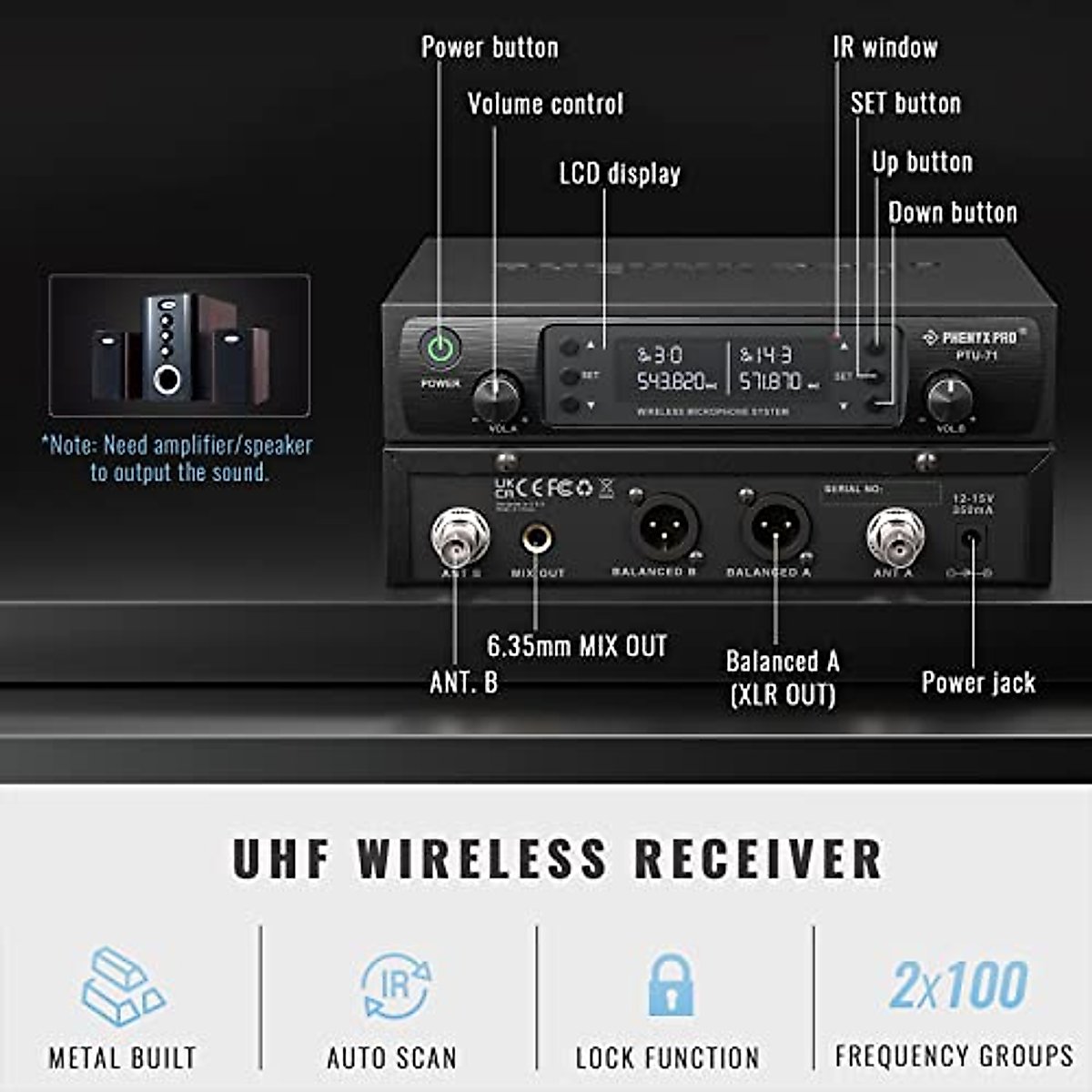 Phenyx Pro Wireless Microphone System, Dual Mic Set with Handheld/Bodypack/Lapel Mics,Auto Scan, 2x100 UHF Frequencies,328ft Range,Cordless Microphone for Singing, Karaoke, Church(PTU-71-1H1B)