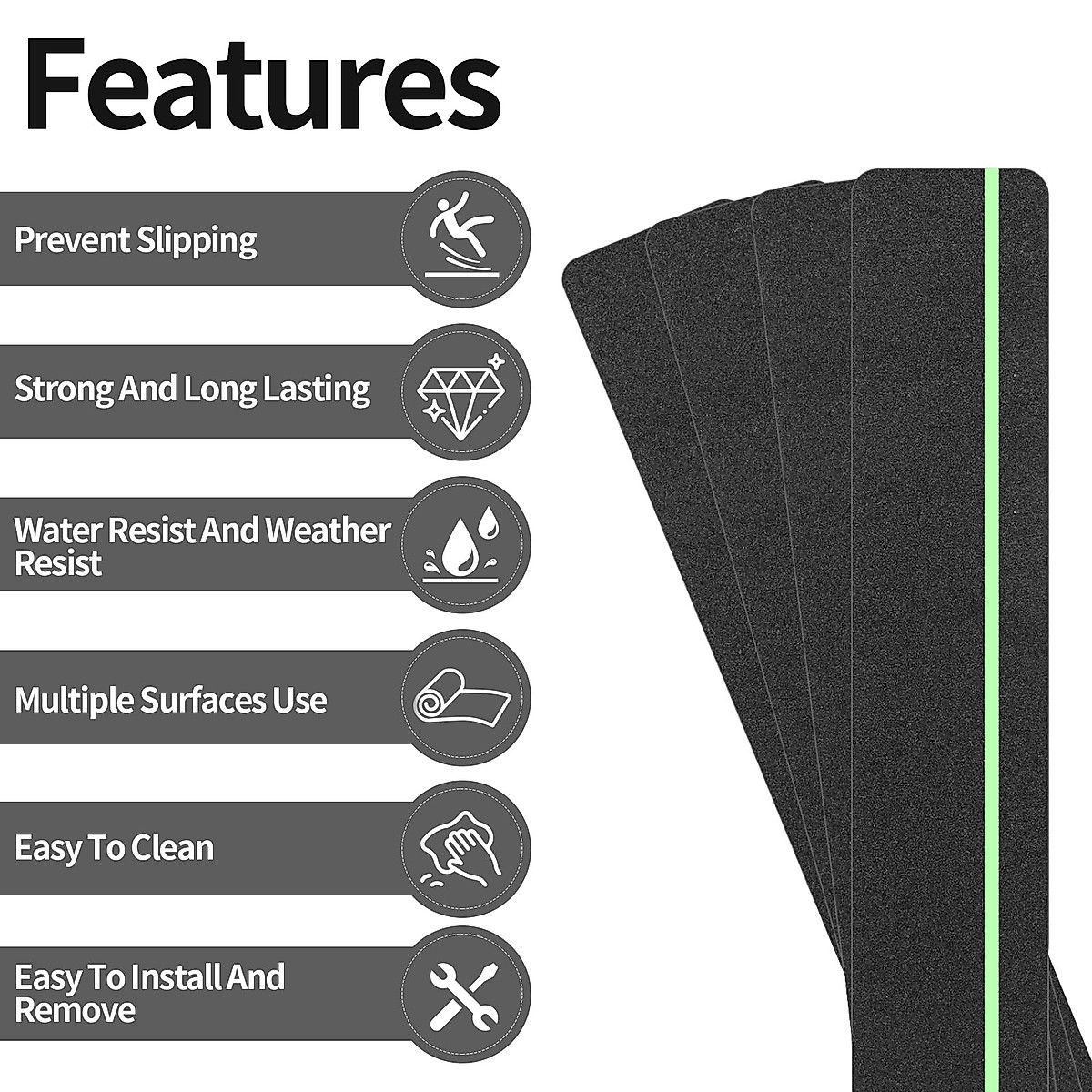 Q-Hillstar Non Slip Stair Treads with Glow in Dark Stripe (10-Pack), 6" X 28" Waterproof Non Slip Stair Tape, Outdoor Stair Treads Non-Slip, High Traction Friction Abrasive Adhesive Tape