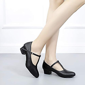HROYL Women Ballroom Dance Shoes Closed Toe Latin Salsa T-Strap Modern Tango Walts Character Shoes Suede Sole YCL041-4 Black, 9.5 B(M) US