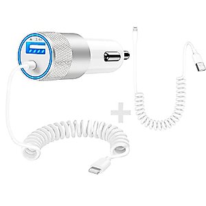 Caiinei iPhone Fast Car Charger, [Apple MFi Certified] 4.8A USB Power Rapid Car Charger with Built-in Coiled Lightning + 6FT Lightning Cable Quick Car Charging for iPhone 14 13 12 11 Pro/XS/XR/SE/iPad