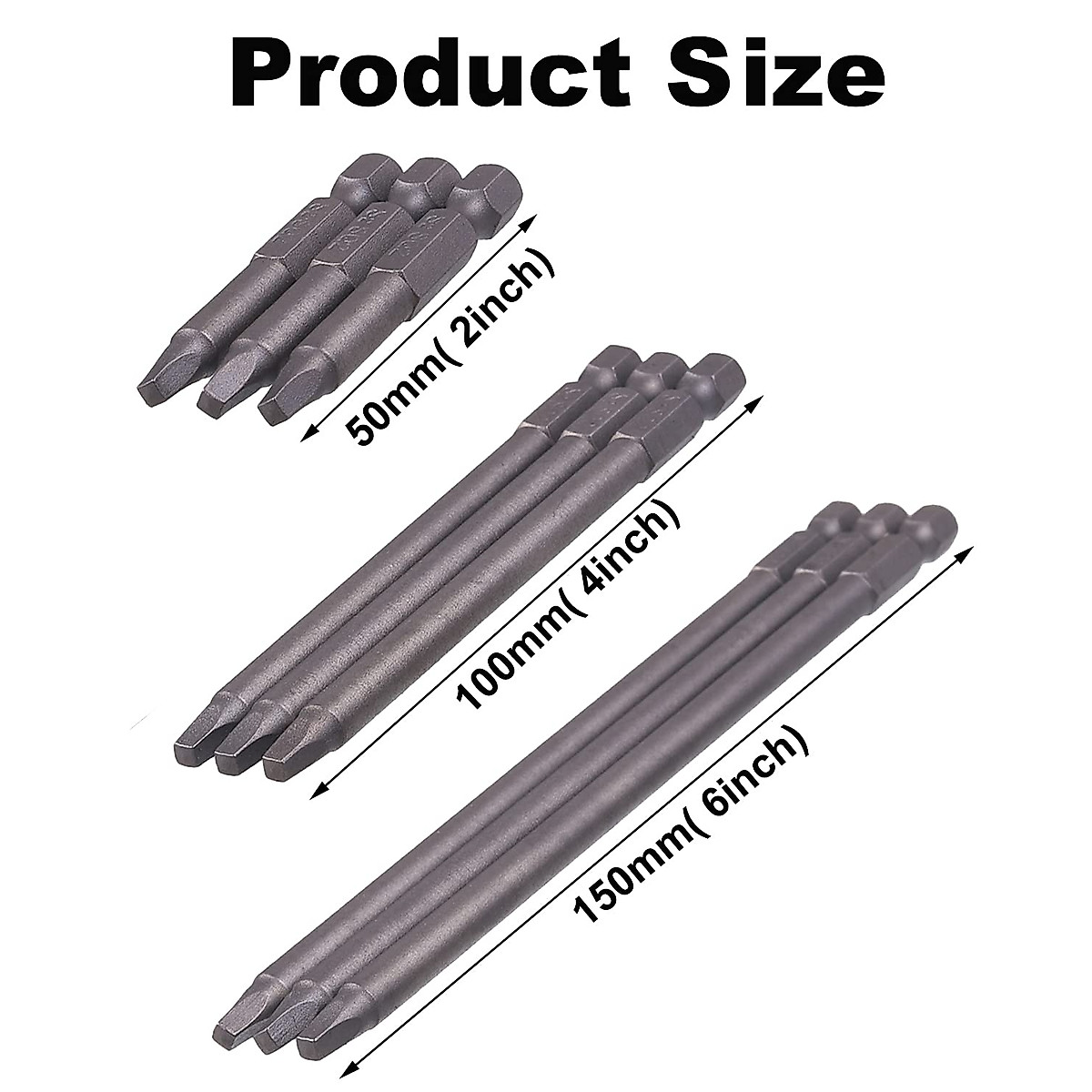 Rocaris 9 Pack 1/4 Inch Hex Shank Long Magnetic Square Head Screwdriver Bits Set Power Tools SQ2 For Poket Hole Jig- 2 inch, 4 inch, 6 inch