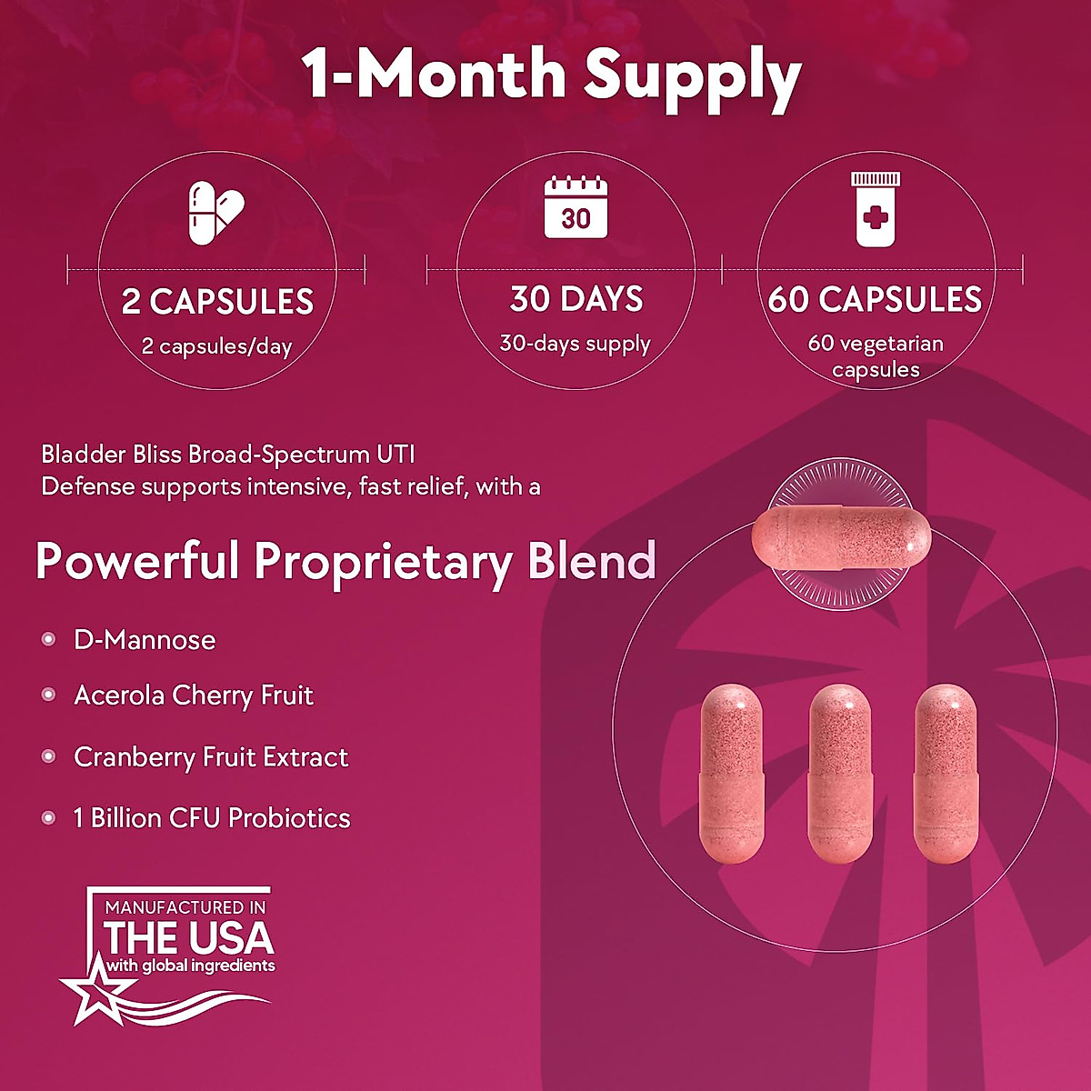 Bladder Bliss: Advanced Cranberry Supplement & D-Mannose Formula for Urinary Tract Health for Women, Non-GMO, Gluten-Free, Vegan Capsules, Fast-Acting Relief & UTI Prevention, Bladder Support, 60 Ct