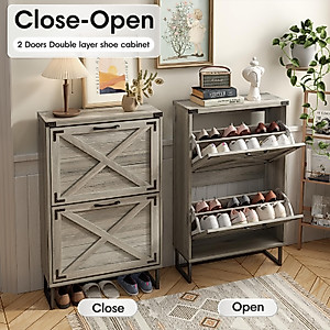 Maupvit 24" W Farmhouse Shoe Cabinet Storage for Entryway, Freestanding Organizer with 2 Flip Drawers, Narrow Shoe Rack Cabinet with Metal Corner Decoration, Washed Gray