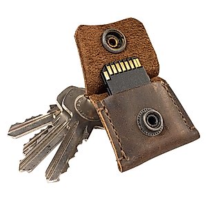 Hide & Drink, Squared Case for SD Card with Keyring, Rustic Keychain for Guitar Pick, Full Grain Leather, Handmade, Swayze Suede