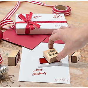 Christmas Wooden Rubber Stamps Set of 3 Merry Christmas Santa Claus Signature and North Pole Reindeer Mail Stamp with Red Ink Pad for Holiday Xmas Letter Envelopes Gifts Letters to and from Santa