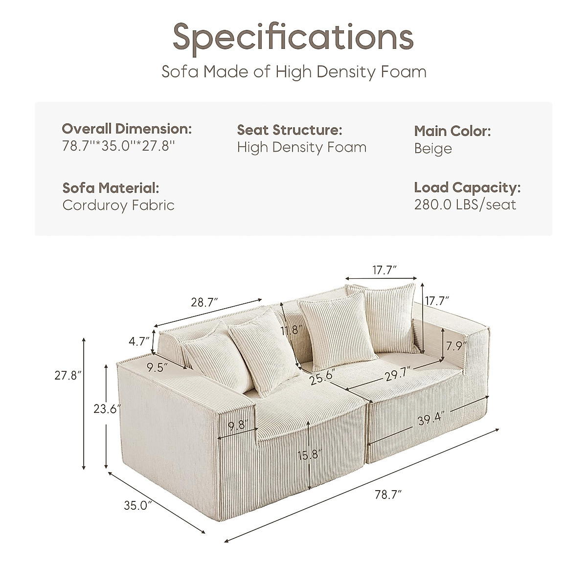 Yogald 78.74" Modern Minimalist Floor Loveseat Sofa, No Assembly Needed, Comfy Upholstered Small Couch, Compression Sofa for Living Room, Apartment, Studio, or Office (Corduroy Beige)
