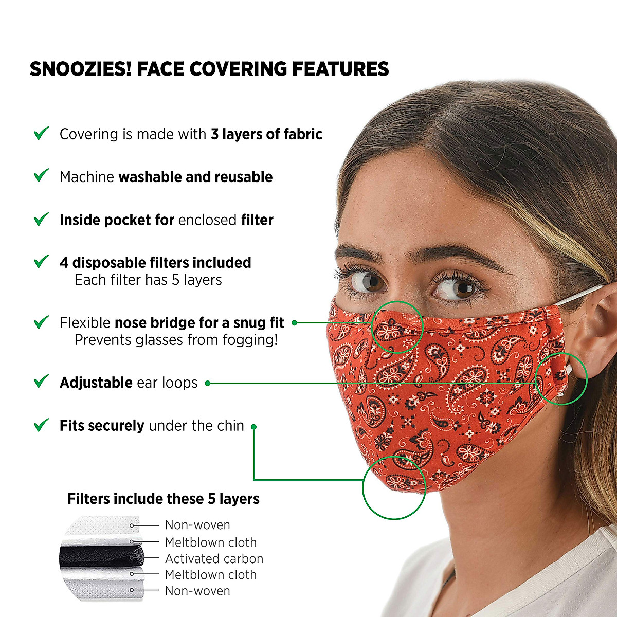 Snoozies 3-Layer Washable Face Mask w Filters & Nose Bridge - Orange/Red Bandana