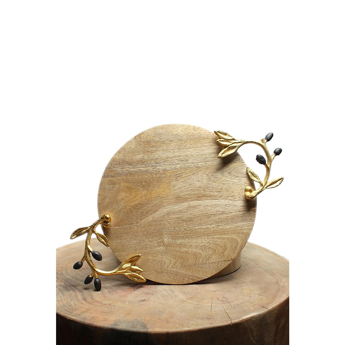 Robalo Acacia Wood Round Serving Tray with Metal Handles, 25cm Width, Brown