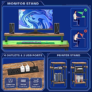 Unikito Double Computer Desk with LED Strip and Power Outlet, 2 Person Desk with Monitor Stand and Storage, Ergonomic Computer Desk with Printer Stand for Home Office, Long Gaming desk, Rustic Brown
