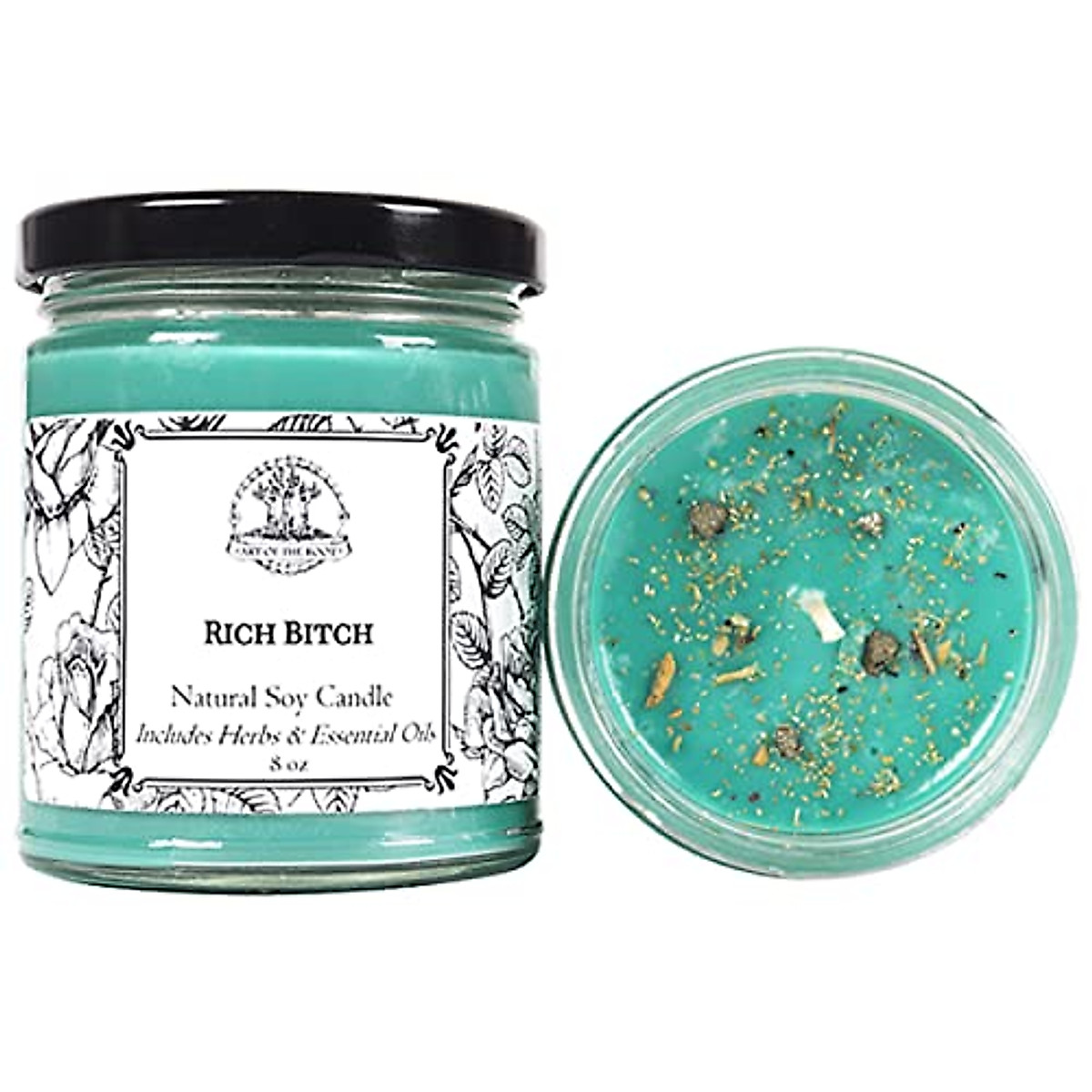 Rich B*tch 9 oz Soy Candle with Pyrite Crystals | Handmade with Herbs & Essential Oils | Riches, Wealth, Money Drawing & Prosperity Rituals | Wiccan Pagan Conjure Manifestation Hoodoo