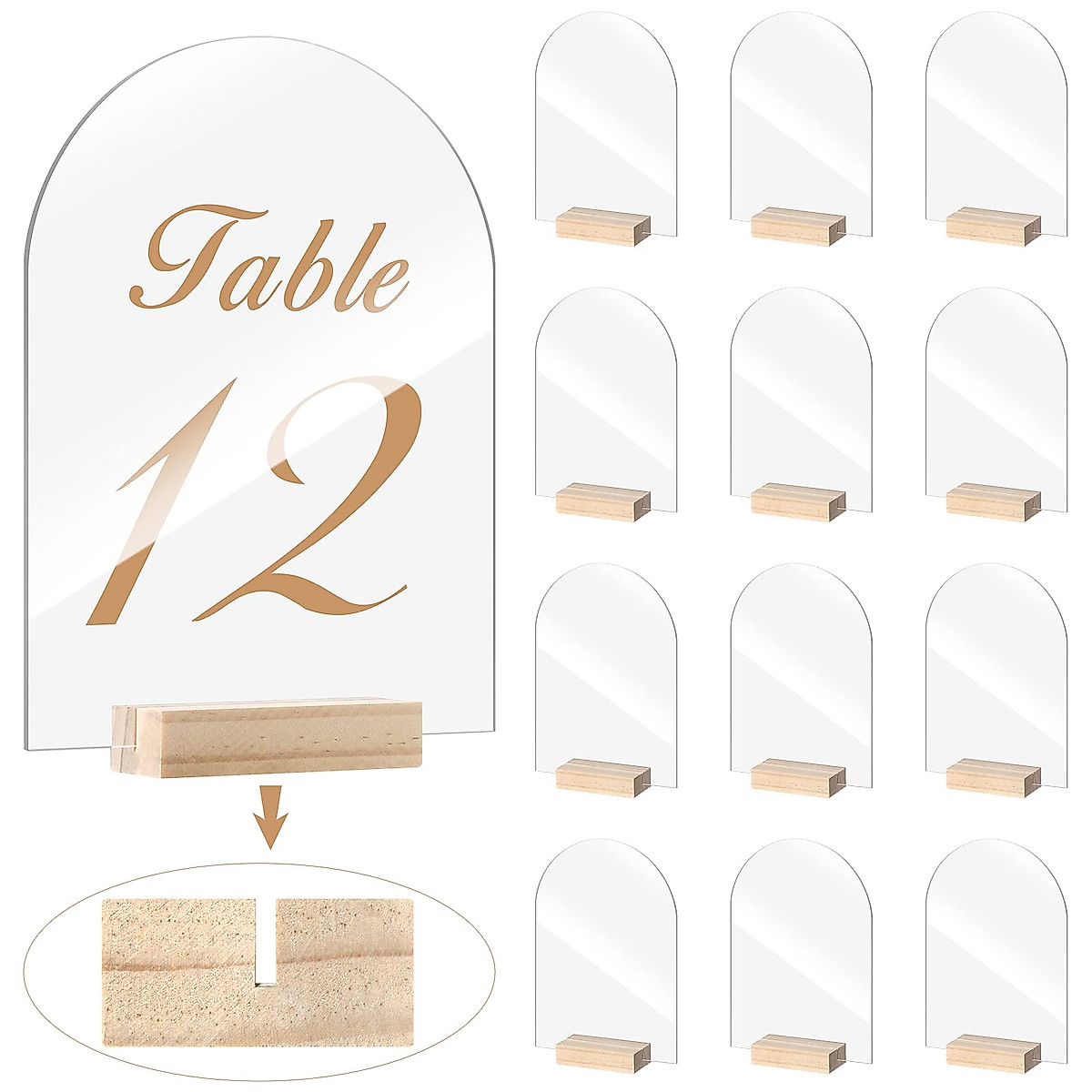Yalikop 12 Pack Acrylic Sign Holder with Wood Base Acrylic DIY Signs Acrylic Table Numbers Modern Signs Plaque Acrylic Vertical Table Decor for Wedding,Restaurant, Store, Office, Hotel(4 x 6 Inch)